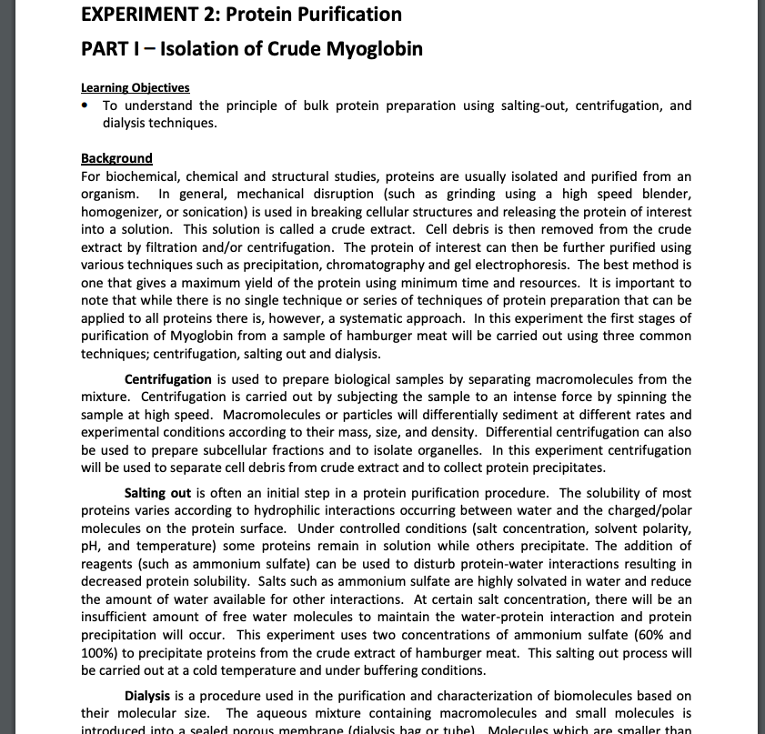 Solved EXPERIMENT 2: Protein Purification PART I - Isolation | Chegg.com