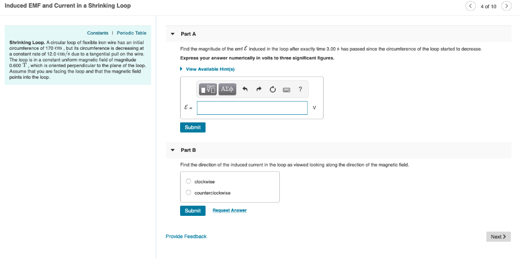 Solved Induced EMF and Current in a Shrinking Loop 4 of 10> | Chegg.com