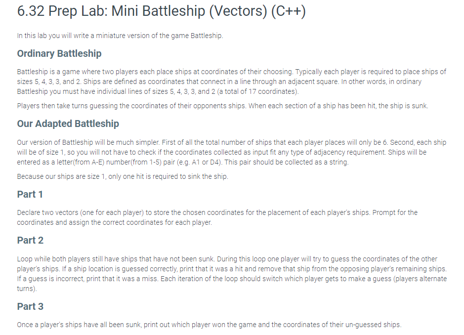 Solved 632 Prep Lab Mini Battleship Vectors C In 