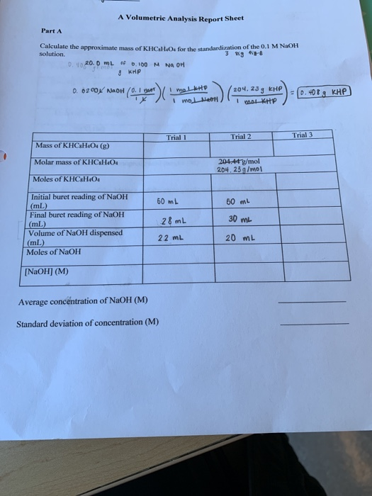Solved A Volumetric Analysis Report Sheet Part A Calculate | Chegg.com