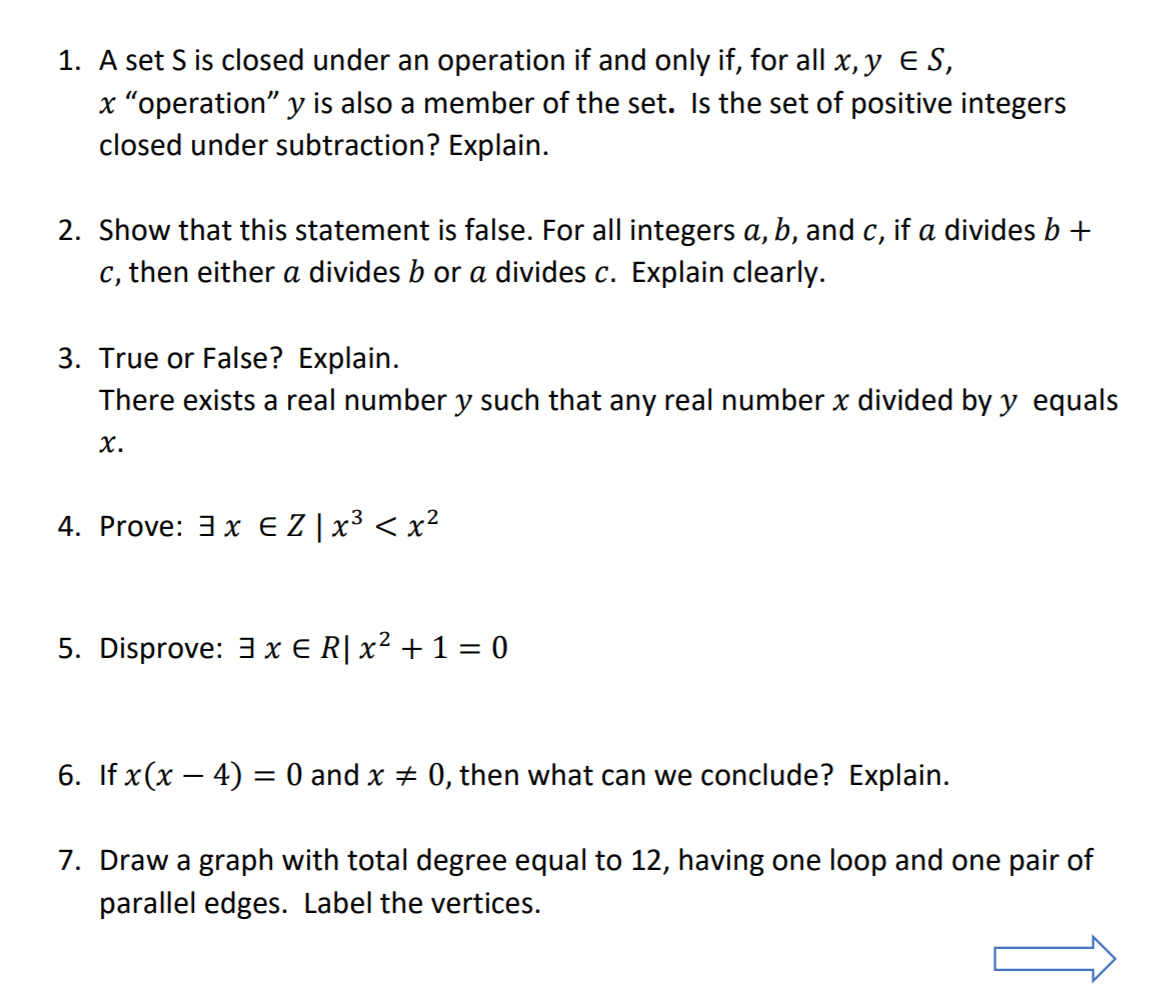 Solved 1. A set S is closed under an operation if and only | Chegg.com