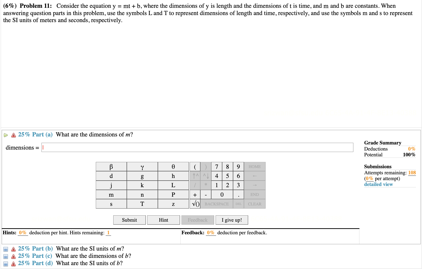 Solved (6\%) Problem 11: Consider the equation y=mt+b, where | Chegg.com