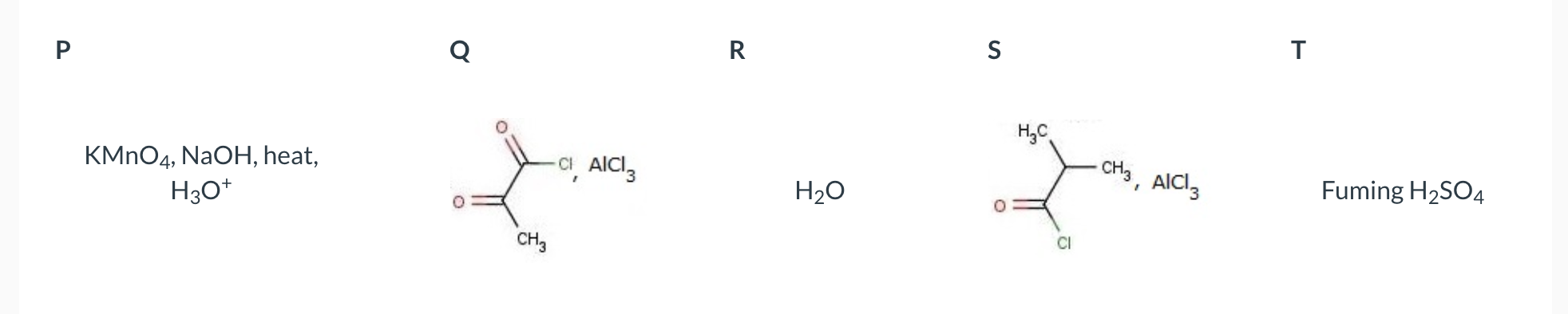 Solved C′P Q R S T KMnO4,NaOH, heat, H3O+ H2O Fuming H2SO4 | Chegg.com