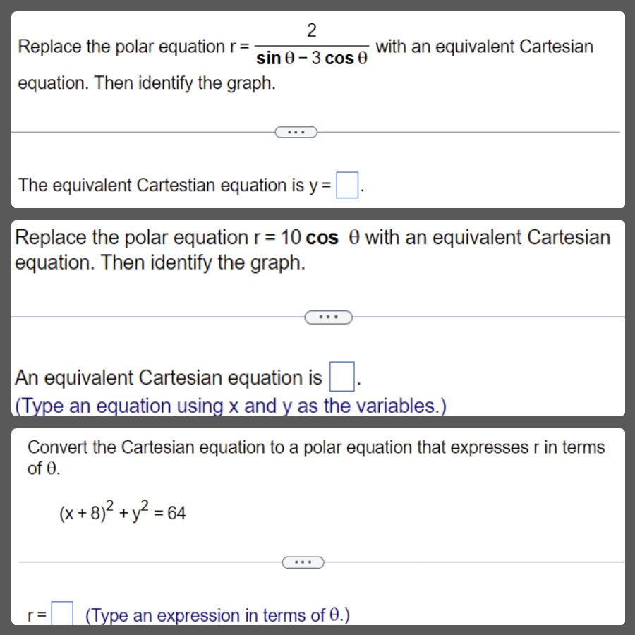 Solved Replace the polar equation r=sinθ−3cosθ2 with an | Chegg.com