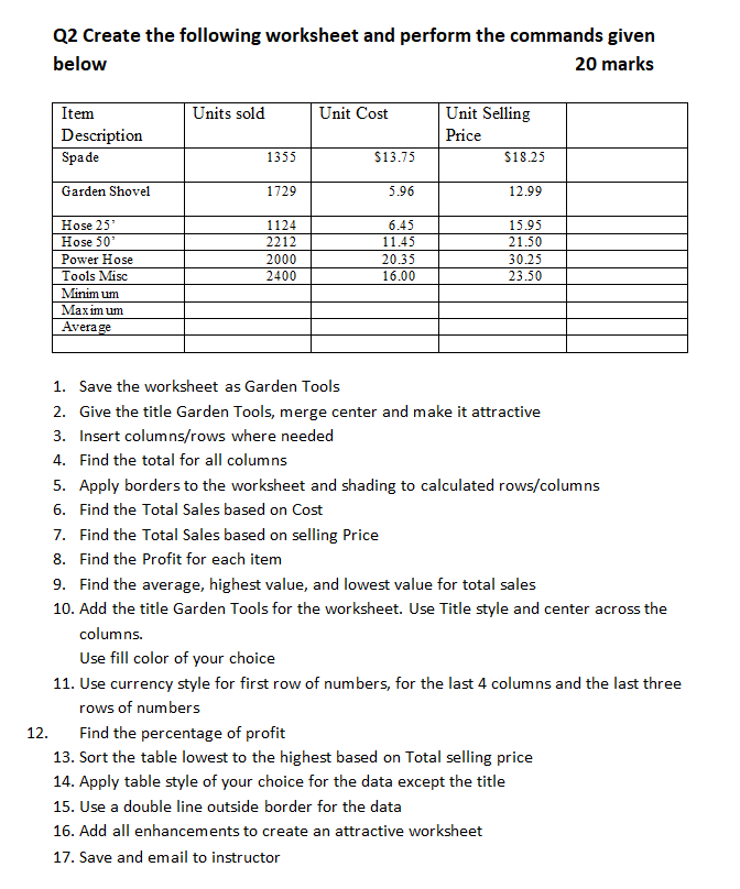 Solved Q2 Create the following worksheet and perform the | Chegg.com