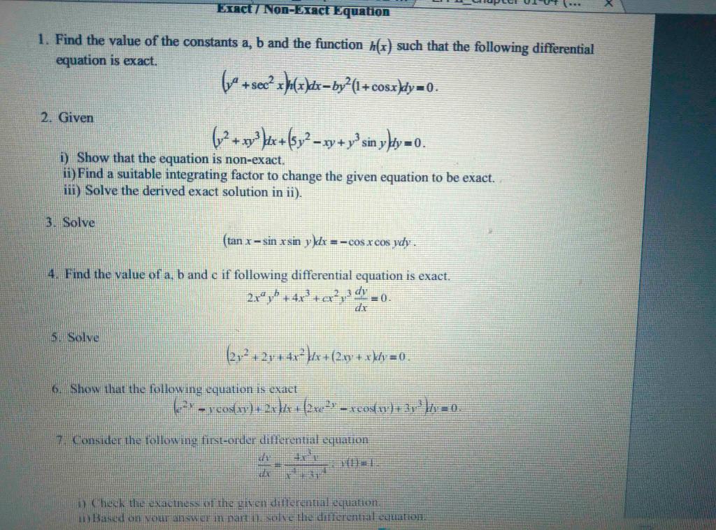 Solved Esract Non-Exact Equation 1. Find the value of the | Chegg.com