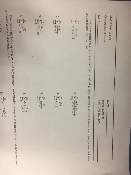 Solved MATH 2414 Lab 10 Convergence of Series DATE: NAME: | Chegg.com
