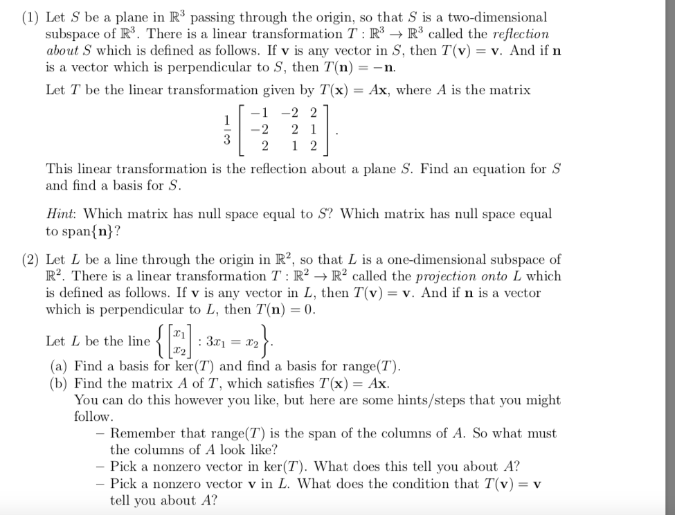 Solved (1) Let S be a plane in R3 passing through the | Chegg.com