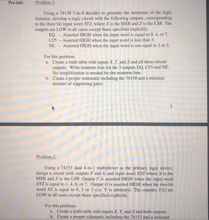 Solved Pre-lab: Problem 1: Using a 74138 3-to-8 decoder to | Chegg.com