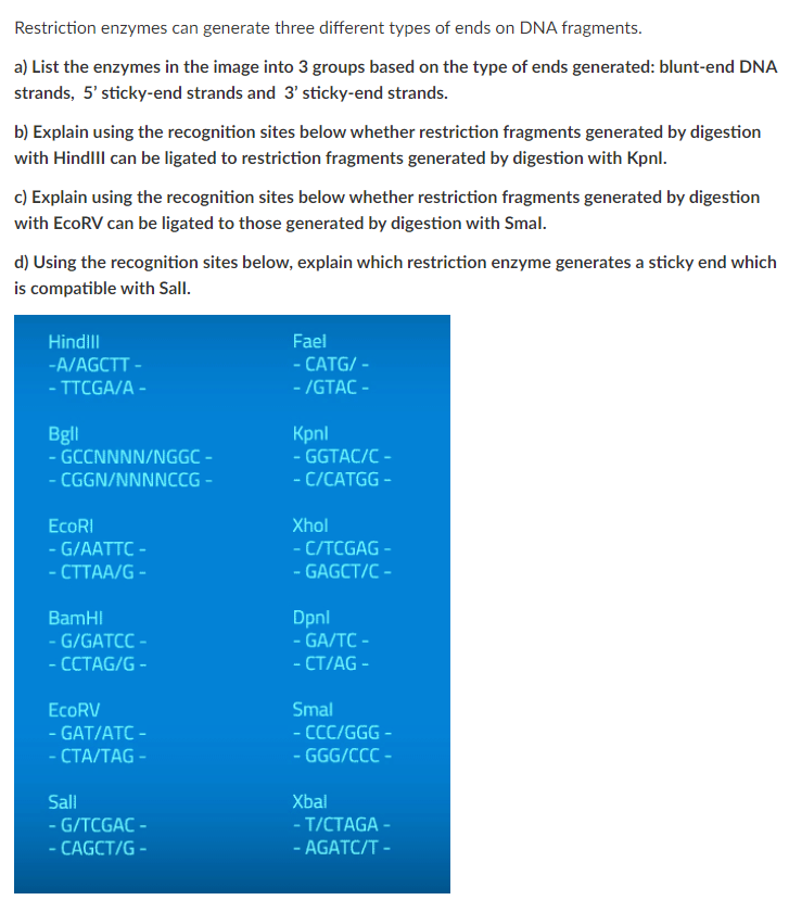 Solved Restriction enzymes can generate three different | Chegg.com