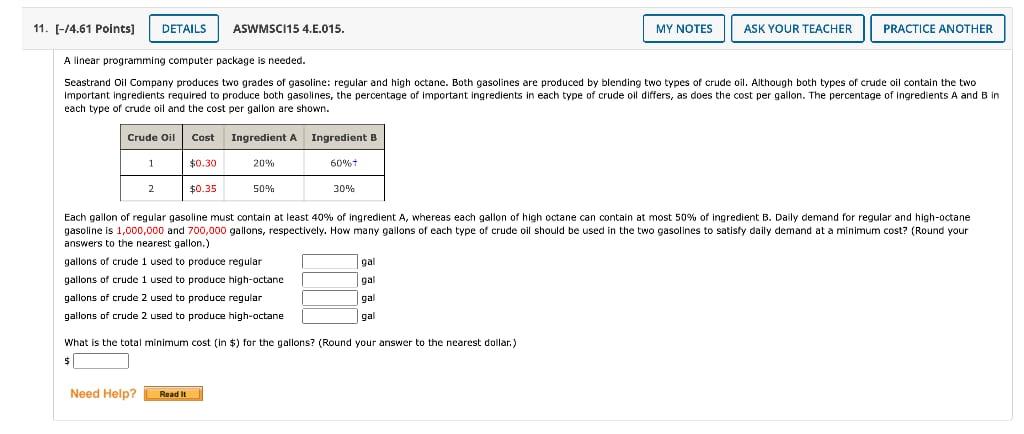 Solved 11. [-/4.61 Points] DETAILS ASWMSCI15 4.E.015. MY | Chegg.com