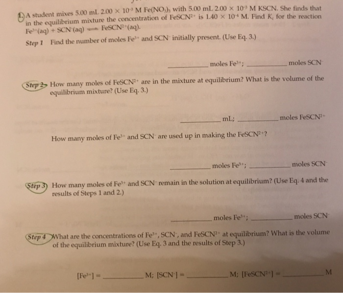 Solved A student mixes 5.00 mL 2.00 x 10 M Fe(NO,), with | Chegg.com