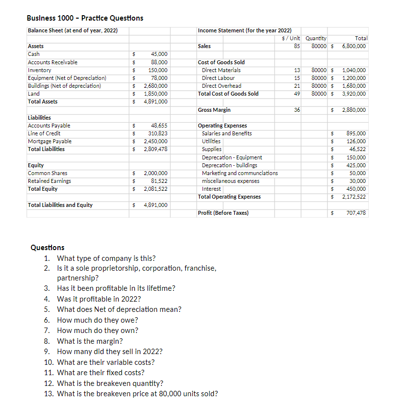 Solved Business 1000 - Practice Questions Questions 1. What | Chegg.com