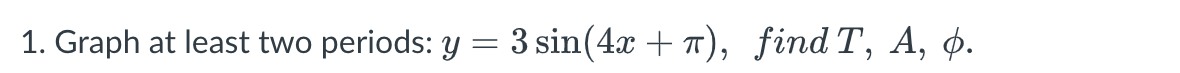 Solved 1. Graph at least two periods: y=3sin(4x+π), find | Chegg.com