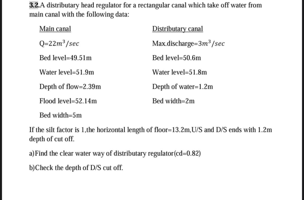 Solved 3.2.A distributary head regulator for a rectangular | Chegg.com