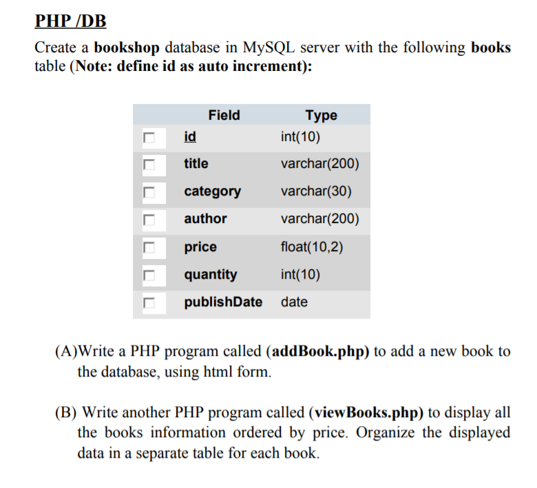 Solved PHP /DB Create a bookshop database in MySQL server | Chegg.com