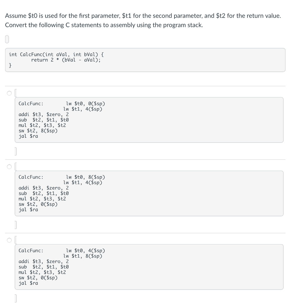 Solved Assume $t0 is used for the first parameter, $t1 for | Chegg.com