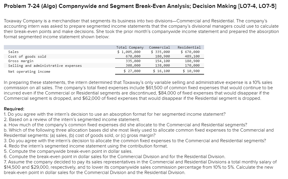 Solved Problem 7-24 (Algo) Companywide and Segment | Chegg.com