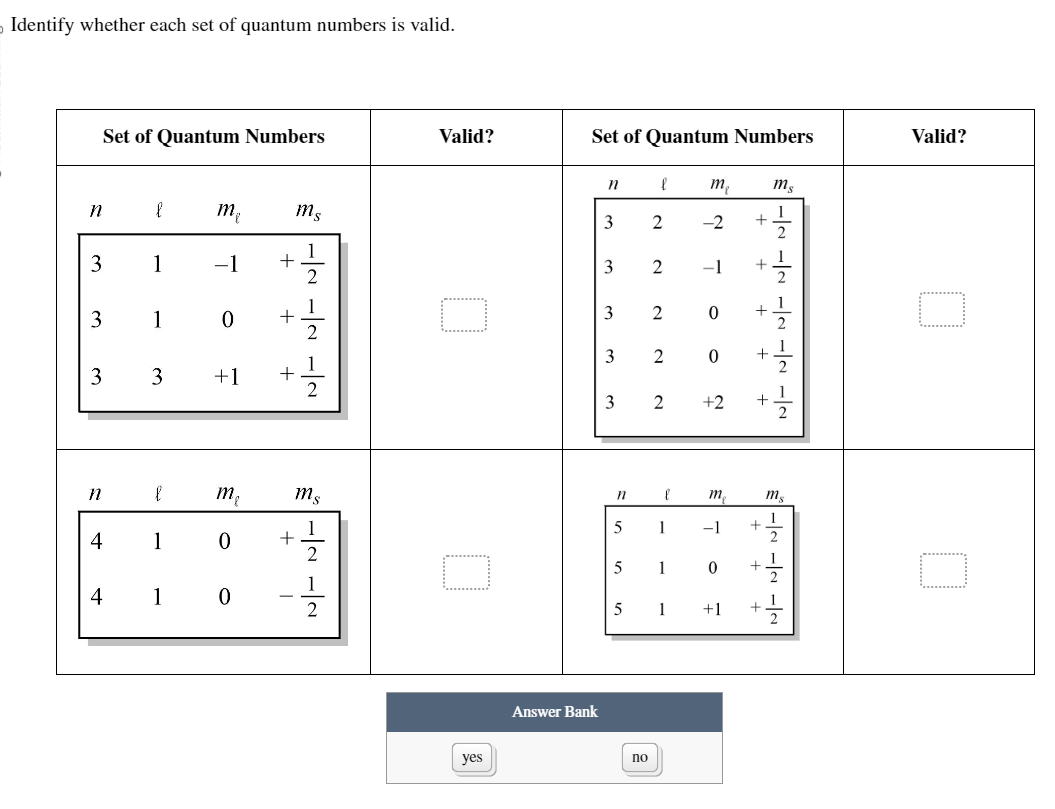Solved Identify whether each set of quantum numbers is | Chegg.com