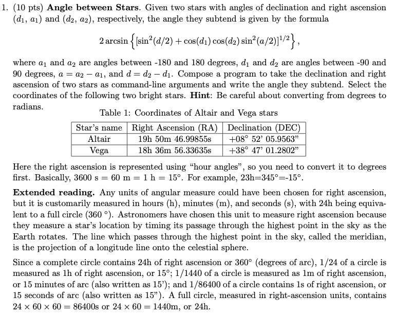 (10 pts) Angle between Stars. Given two stars with | Chegg.com