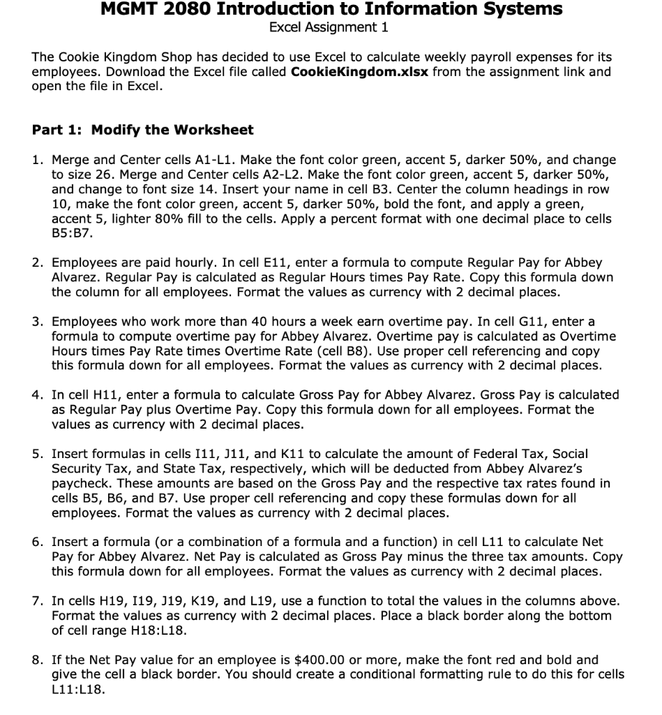 Solved MGMT 2080 Introduction to Information Systems Excel | Chegg.com