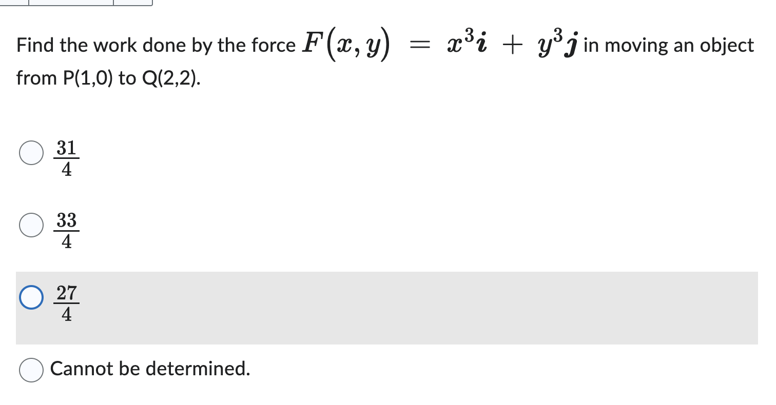 Solved Find the work done by the force F(x,y)=x3i+y3j in | Chegg.com
