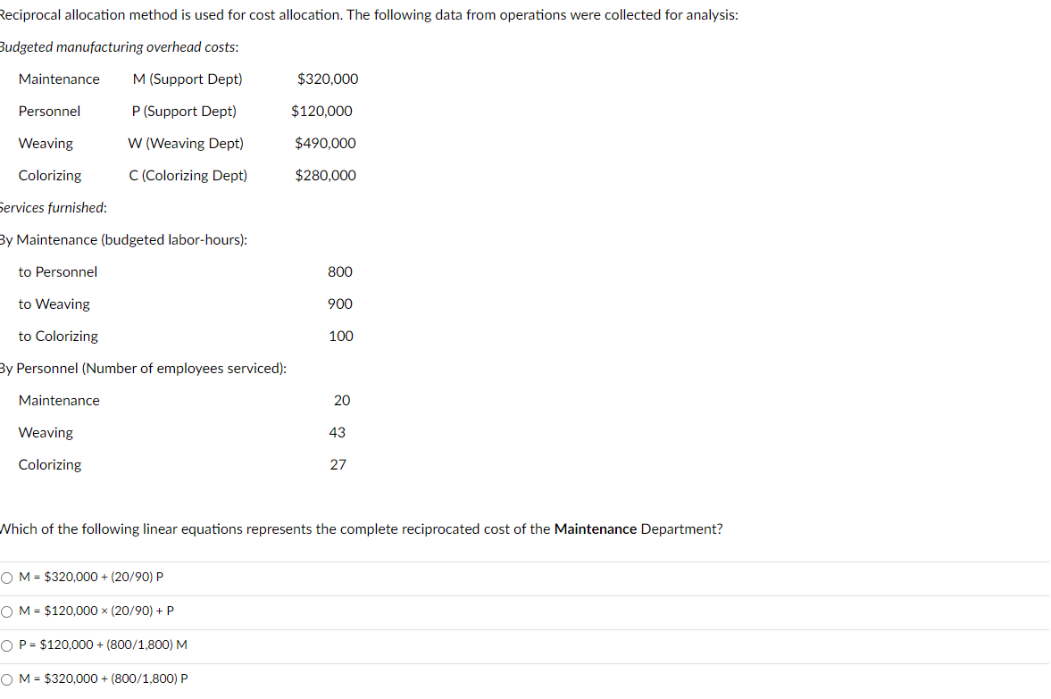 Solved eciprocal allocation method is used for cost | Chegg.com