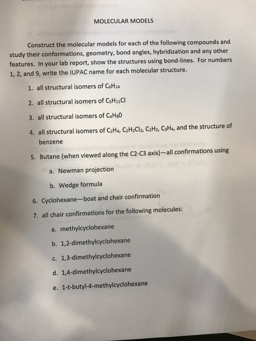 Solved MOLECULAR MODELS Construct the molecular models for | Chegg.com