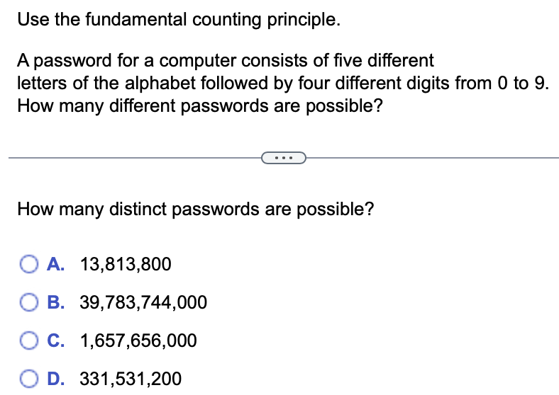 Solved Use the fundamental counting principle. A password | Chegg.com