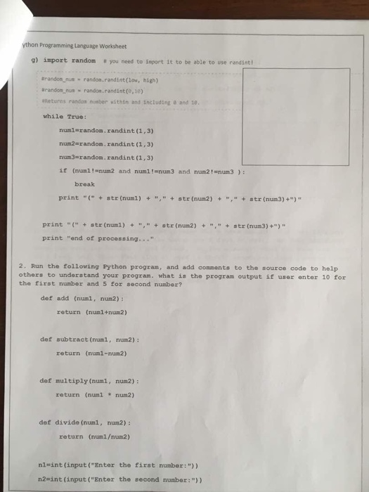 Solved ython Programming Language Worksheet g) import random | Chegg.com