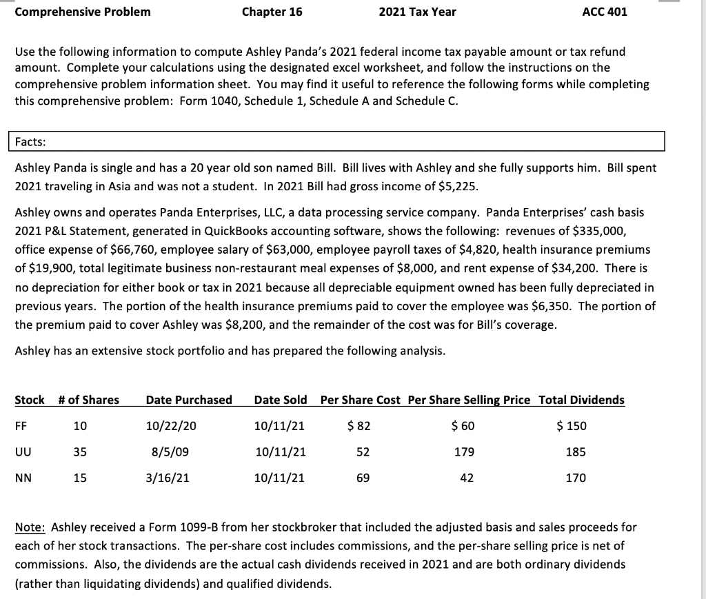 Comprehensive Problem Chapter 16 2021 Tax Year ACC | Chegg.com
