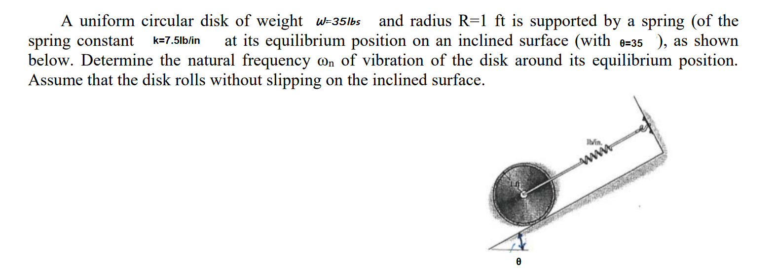 Solved k=7.51b/in A uniform circular disk of weight W=35lbs | Chegg.com