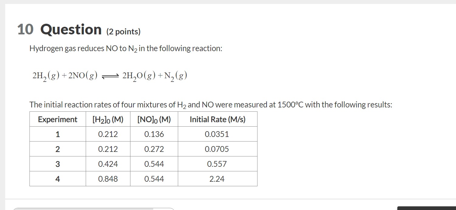 Solved 10 Question (2 points) Hydrogen gas reduces NO to N2 | Chegg.com