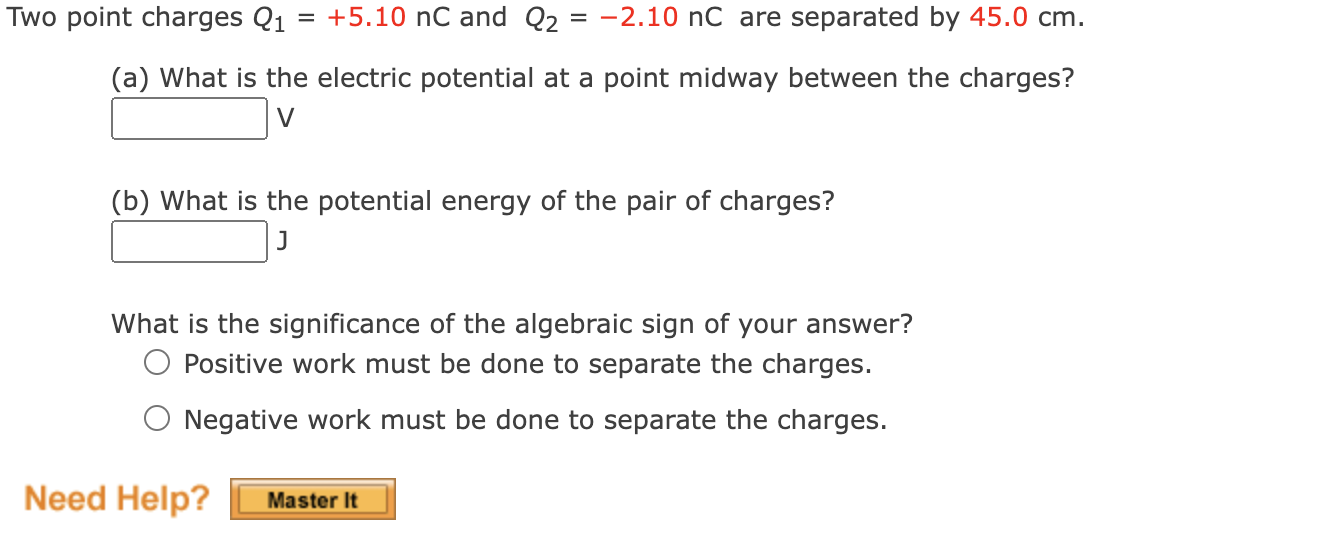 Solved wo point charges Q1=+5.10nC and Q2=−2.10nC are | Chegg.com