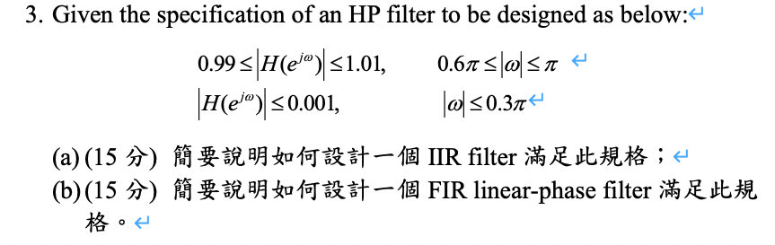 Solved 3. Given the specification of an HP filter to be | Chegg.com