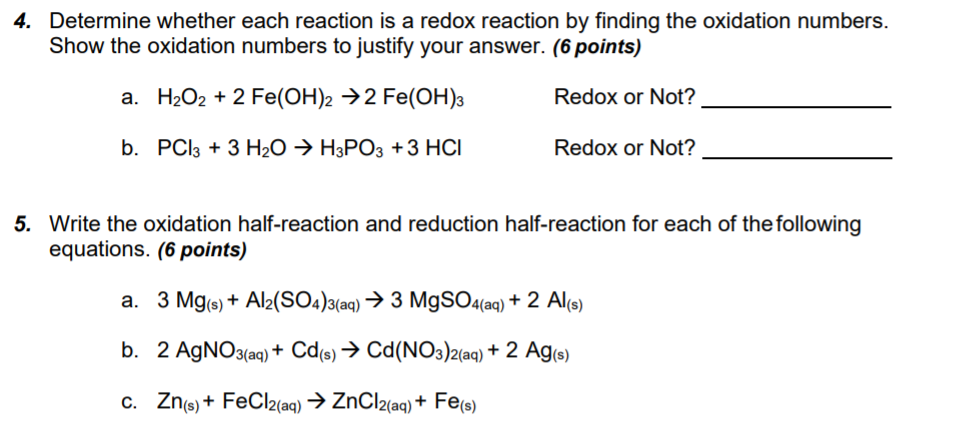 Solved 4. Determine whether each reaction is a redox | Chegg.com