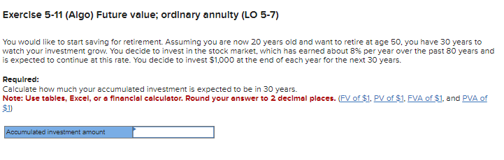 Solved Exerclse 5-11 (Algo) Future value; ordlnary annulty | Chegg.com