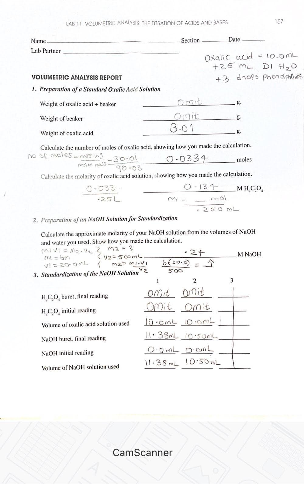 Solved LAB 11 VOLUMETRIC ANALYSIS THE TITRATION OF ACIDS AND | Chegg.com