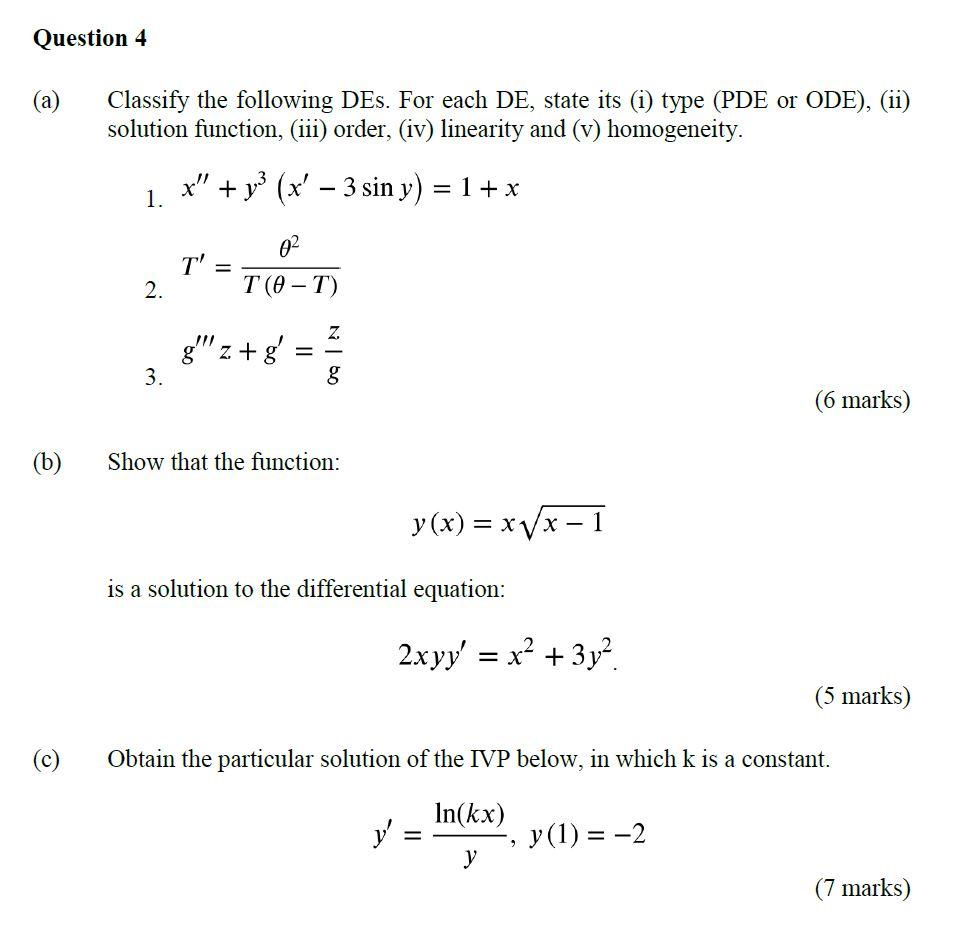 Solved (a) Classify the following DEs. For each DE, state | Chegg.com