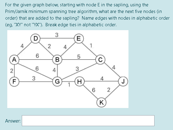 Solved For the given graph below, starting with node E in | Chegg.com
