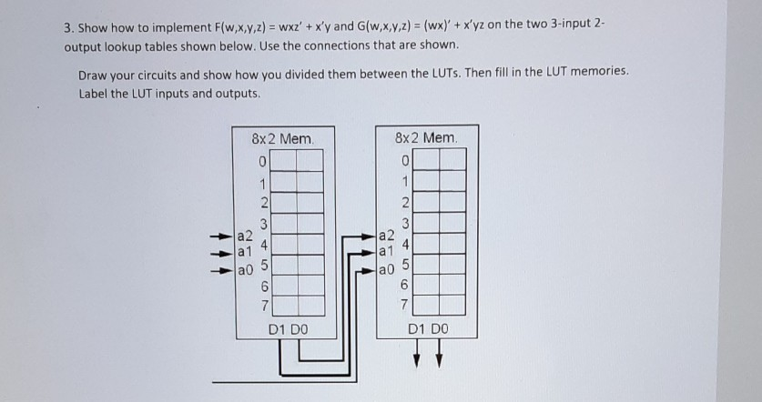 Solved 3. Show how to implement F(w,x,y,z) = wxz' + x'y and | Chegg.com