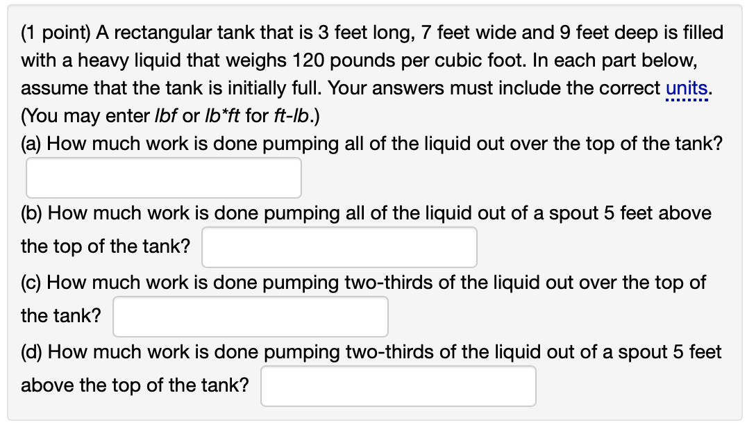 Solved A Rectangular Tank That Is 3 Feet Long 7 Feet Wide Chegg Solved A Rectangular Tank That Is 3 Feet Long 7 Feet Wide Chegg