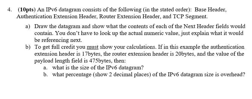 Solved (10pts) An IPv6 datagram consists of the following | Chegg.com