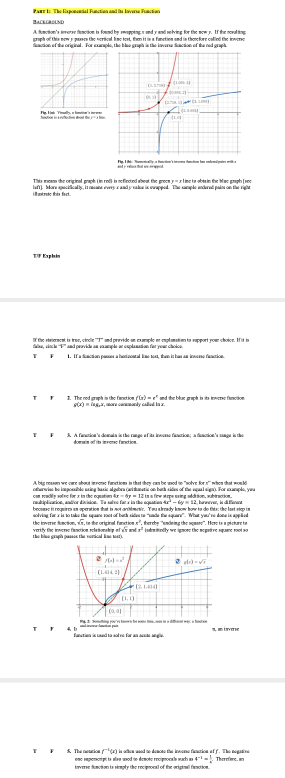 Solved PART 1: The Exponential Function and Its Inverse | Chegg.com
