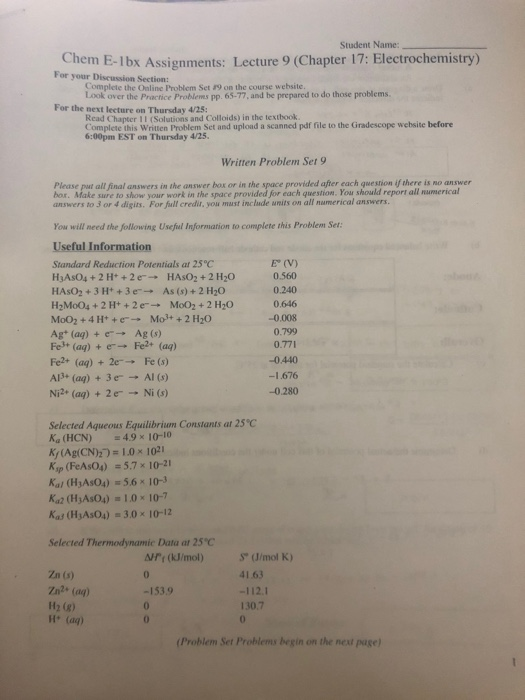 Solved Student Name: Chem E-lbx Assignments: Lecture 9 | Chegg.com