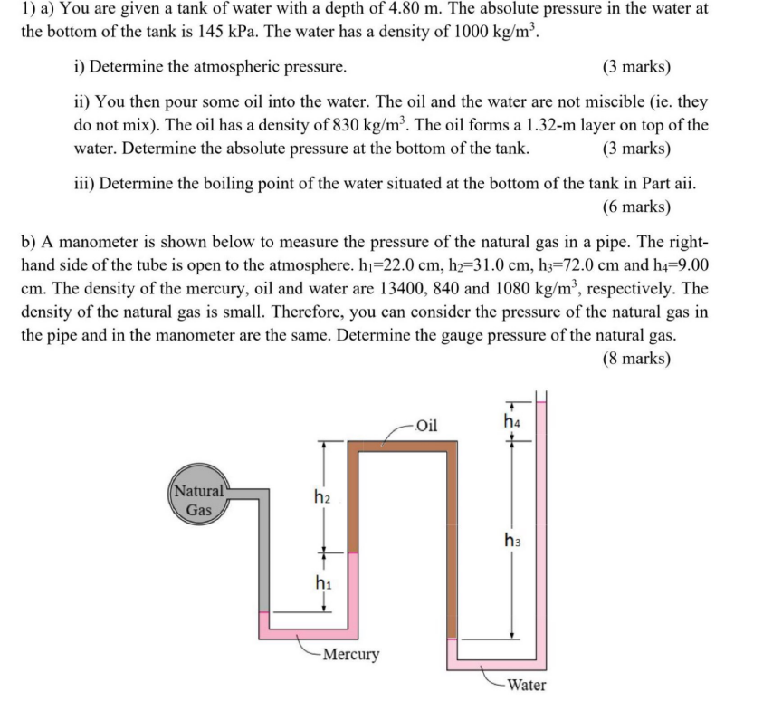 Solved 1) a) You are given a tank of water with a depth of | Chegg.com