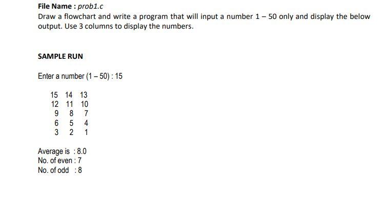 Solved File Name : prob1.c Draw a flowchart and write a | Chegg.com