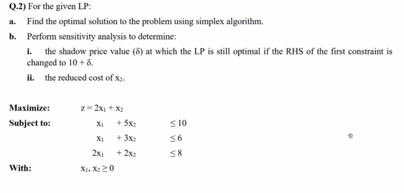 Solved Q.2) For the given LP: a. Find the optimal solution | Chegg.com