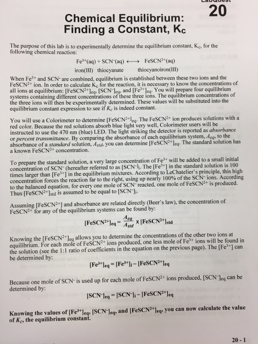 Solved 20 Chemical Equilibrium: Finding a Constant, Kc The | Chegg.com