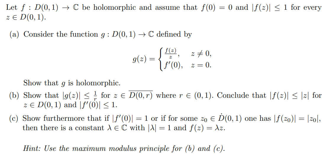 Solved Let f:D(0,1)→C be holomorphic and assume that f(0)=0 | Chegg.com